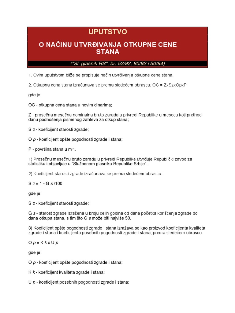 Uputstvo o Načinu Utvrđivanja Otkupne Cene Stana | PDF