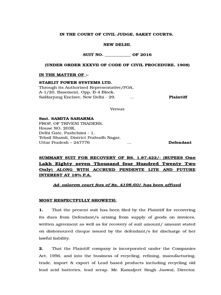 Suit For Recovery | PDF | Lawsuit | Cheque