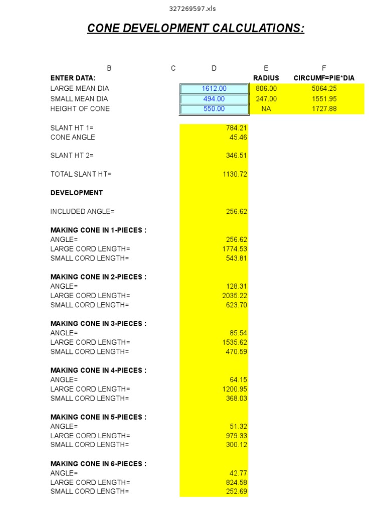 Cone Development Calculations:: Enter Data: Radius Circumf Pie Dia | PDF