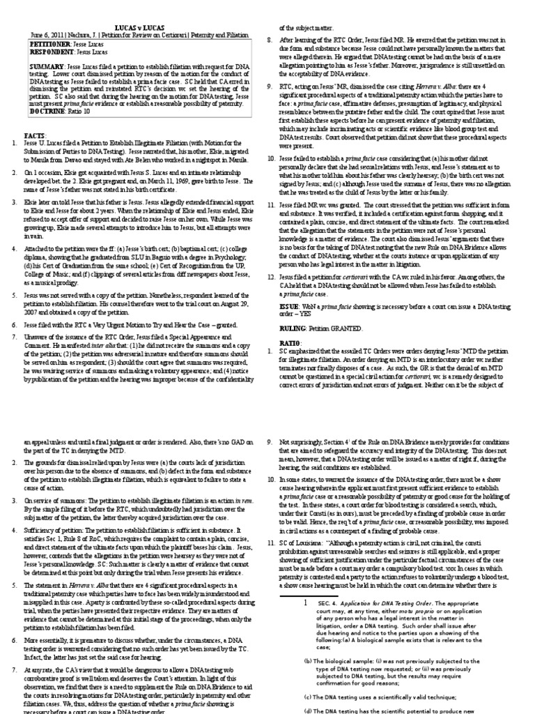 Lucas V Lucas Case Digest | PDF | Dna Profiling | Lawsuit