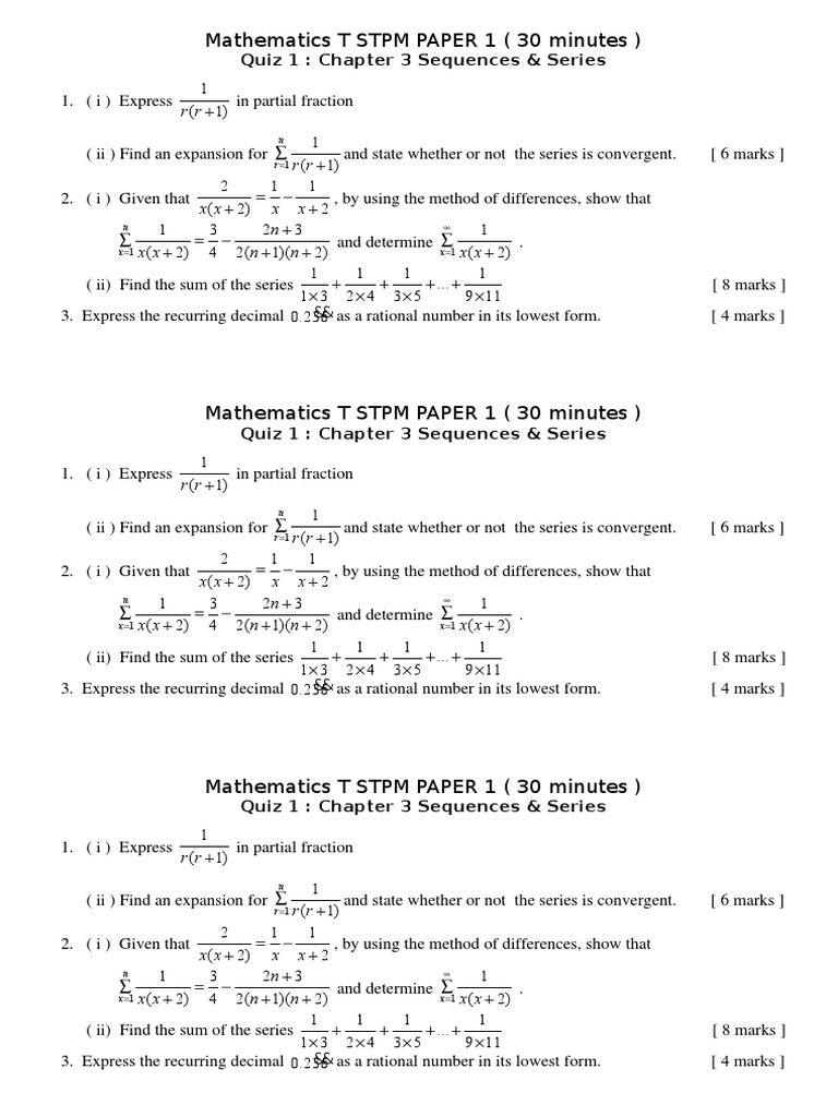 Mathematics T STPM PAPER 1 (30 Minutes) : Quiz 1: Chapter 3 Sequences ...