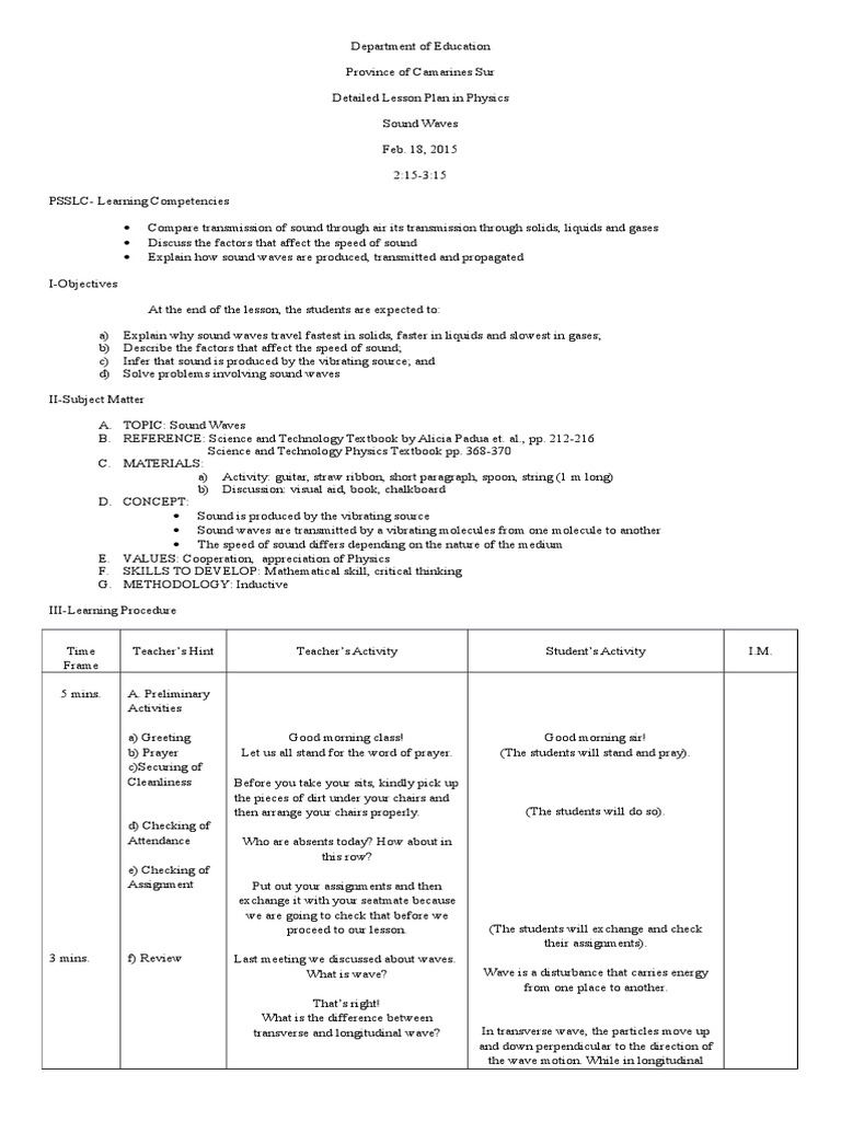 Sound Waves: Detailed Lesson Plan | PDF | Sound | Waves
