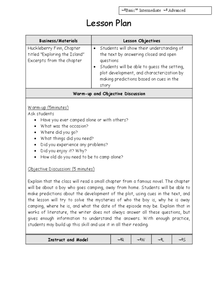 Huckleberry Finn Chapter Lesson Plan | PDF | Huckleberry Finn | Lesson Plan