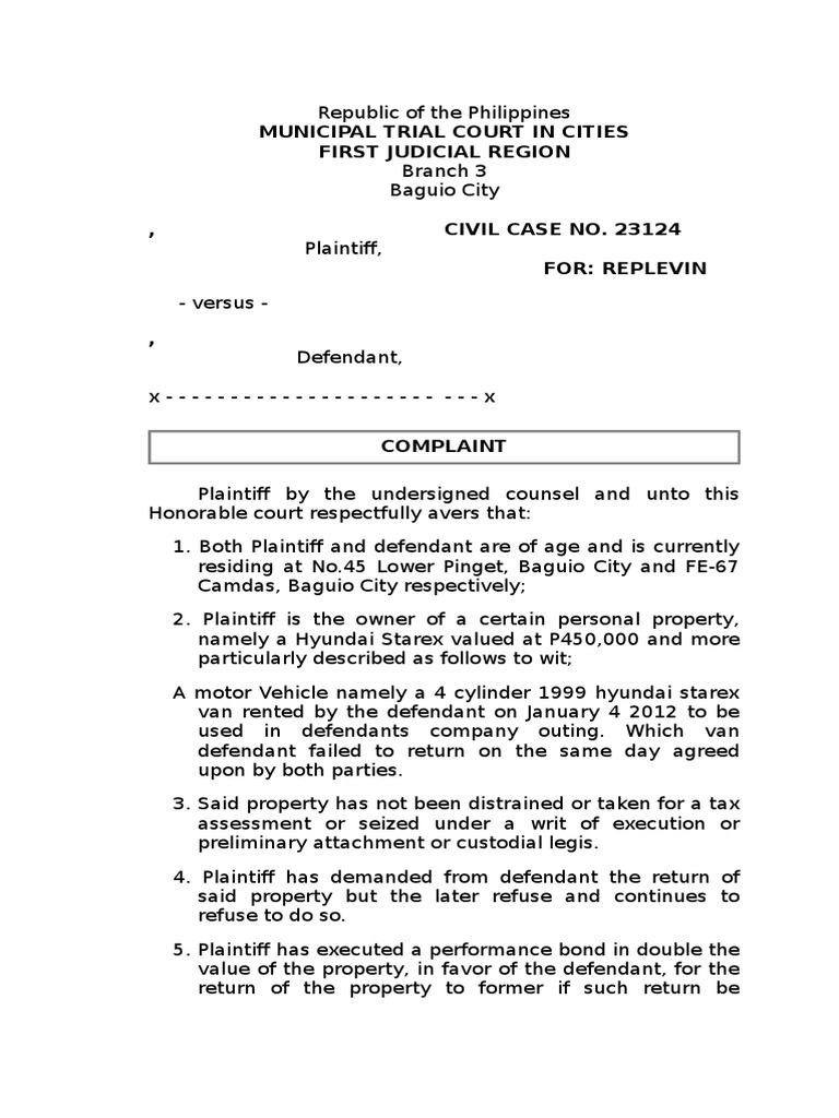 A.C.replevin&Application for Replevin | Lawsuit | Government