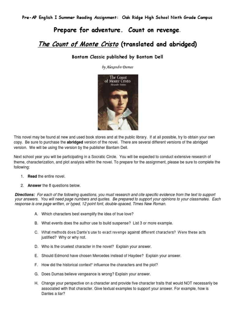 Pre-AP English I Summer Reading Guide | PDF | The Count Of Monte Cristo ...