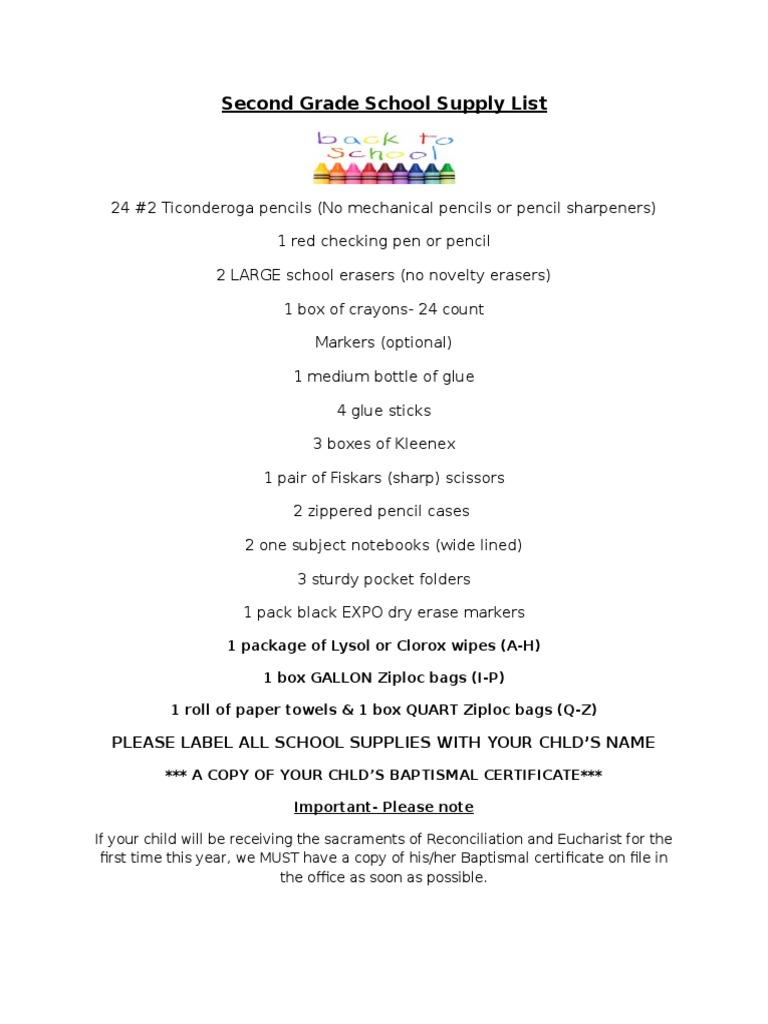 Second Grade Supply List 2023-2024 | PDF