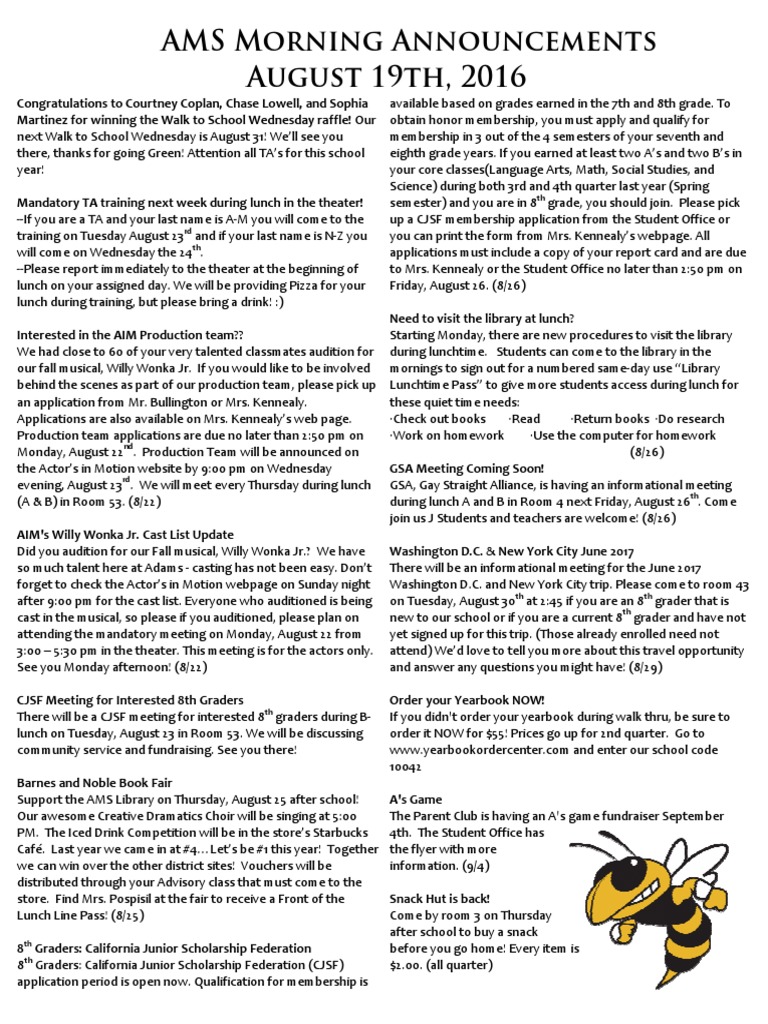 AMS Morning Announcements August 19th, 2016 | PDF | Schools