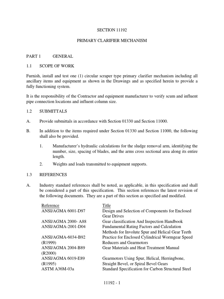 Primary Clarifier Mechanism Specifications | PDF | Gear | Structural Steel