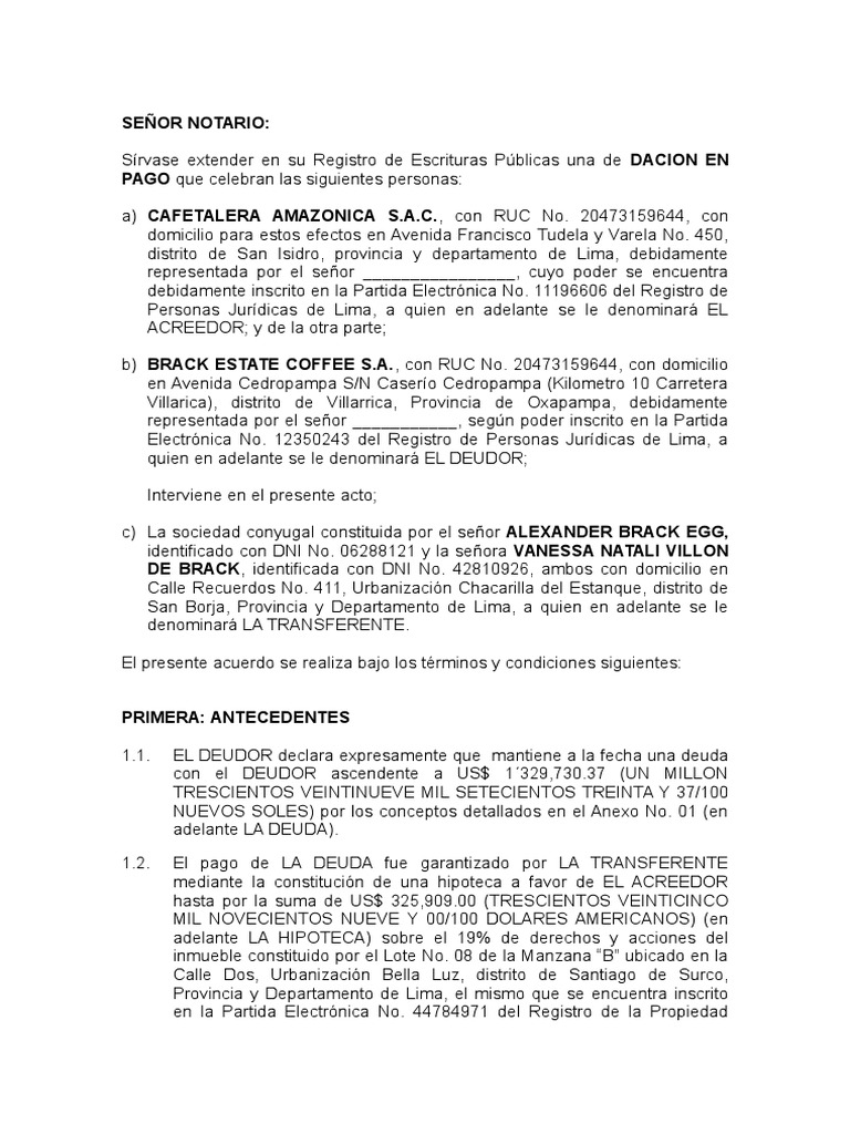 Modelo Dacion en Pago 080914 | PDF | Pagos | Propiedad