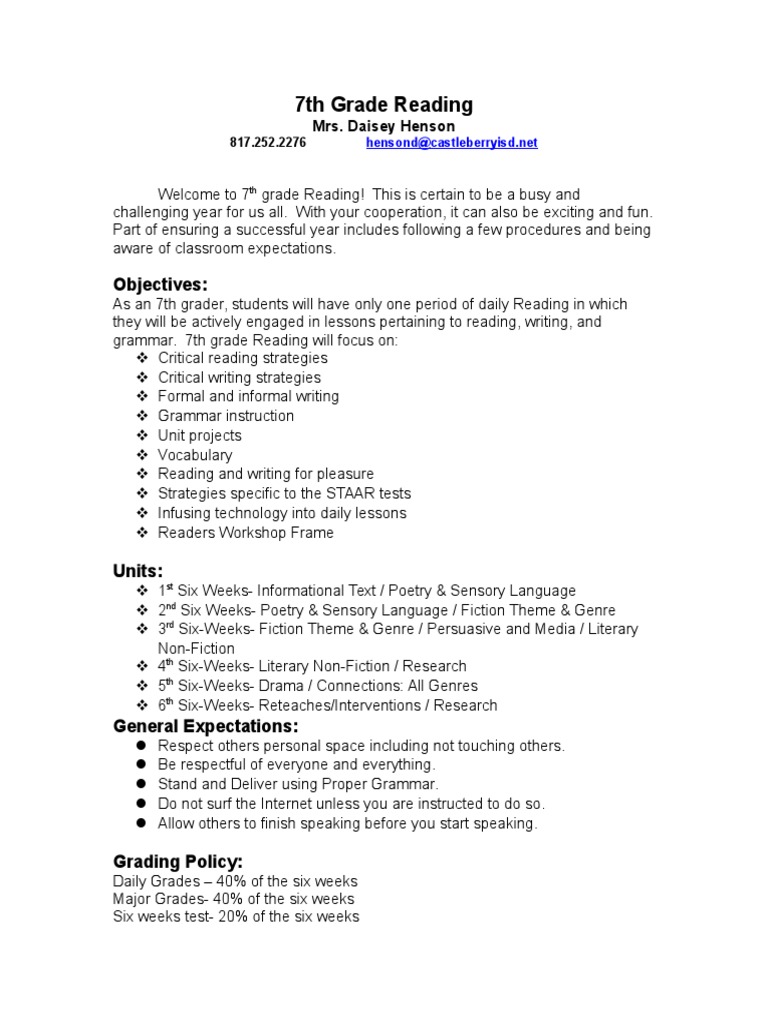 7th Grade Reading: Objectives | PDF | Behavior Modification | Human Communication