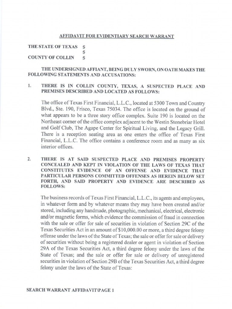 Search Warrant Affidavit For Texas First Financial/Bobby Eugene Guess | PDF