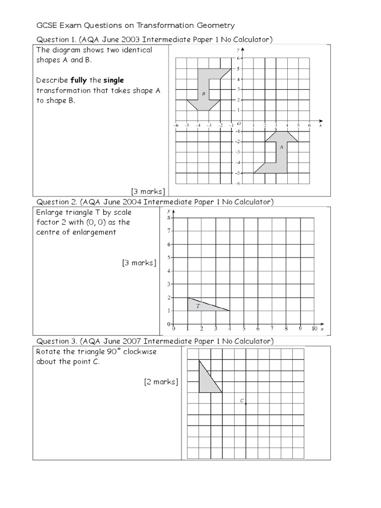 Gcse Exam Questions On Transformation Geometry | PDF | Shape | Triangle