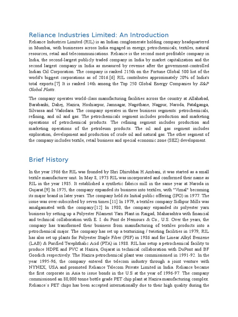 Introduction to Reliance Industries | PDF