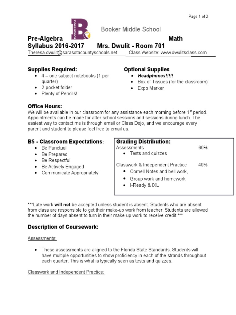 Pre-Algebra Syllabus 2016-17 | PDF | Classroom | Cognition