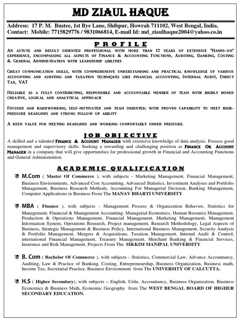 Resume of MD Ziaul Haque PDF | PDF | Accounting | Inventory