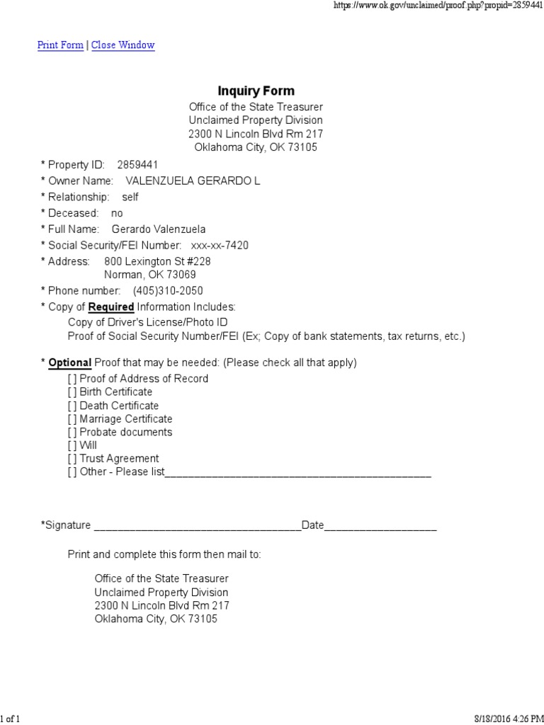 Oklahoma Unclaimed Property Inquiry Form | PDF | Law