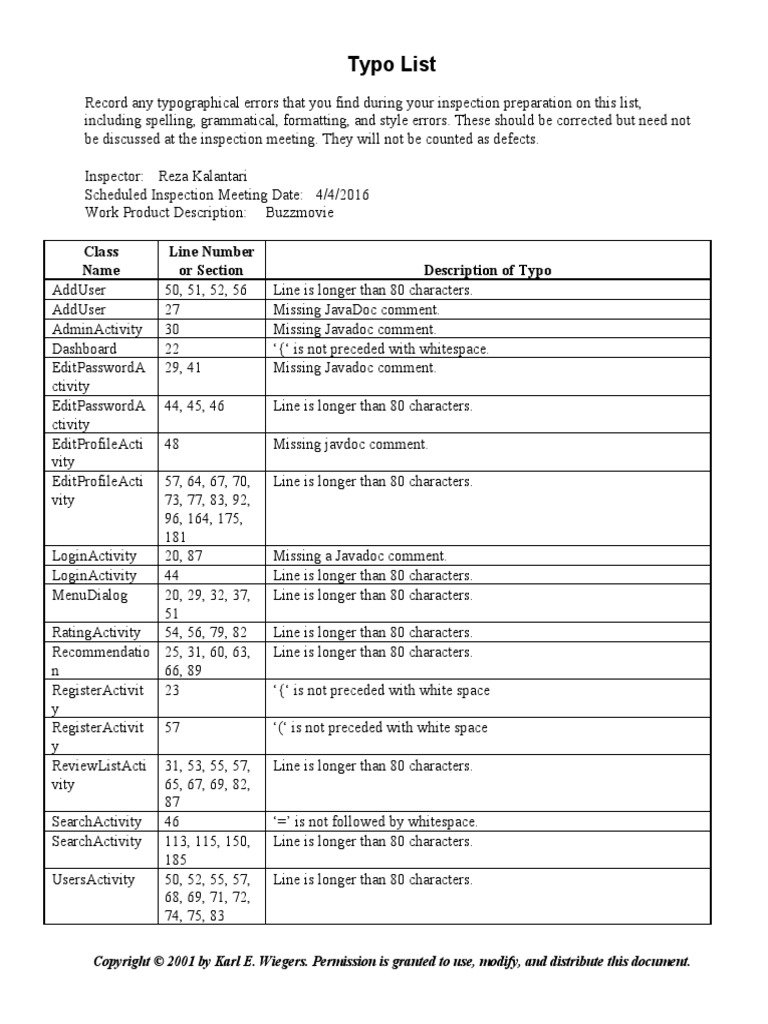 Typo List: Class Name Line Number or Section Description of Typo | PDF