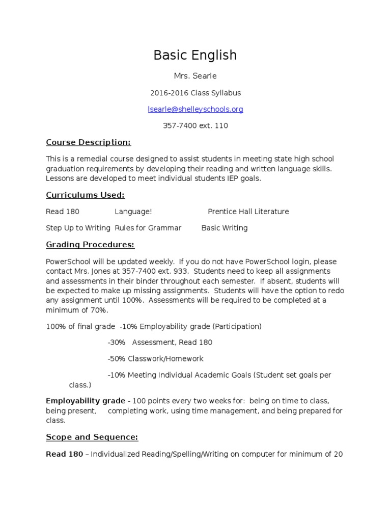Basic English Remedial Course Syllabus | PDF | Homework | Verb