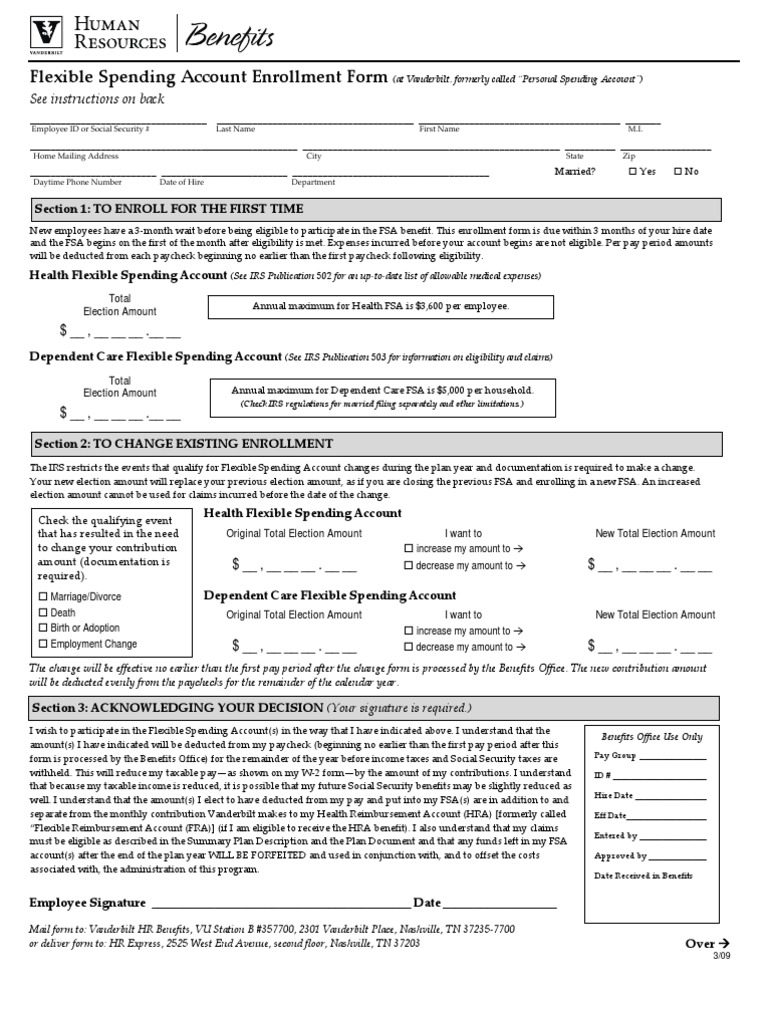 Flexible Spending Account Enrollment Form: See Instructions On Back ...