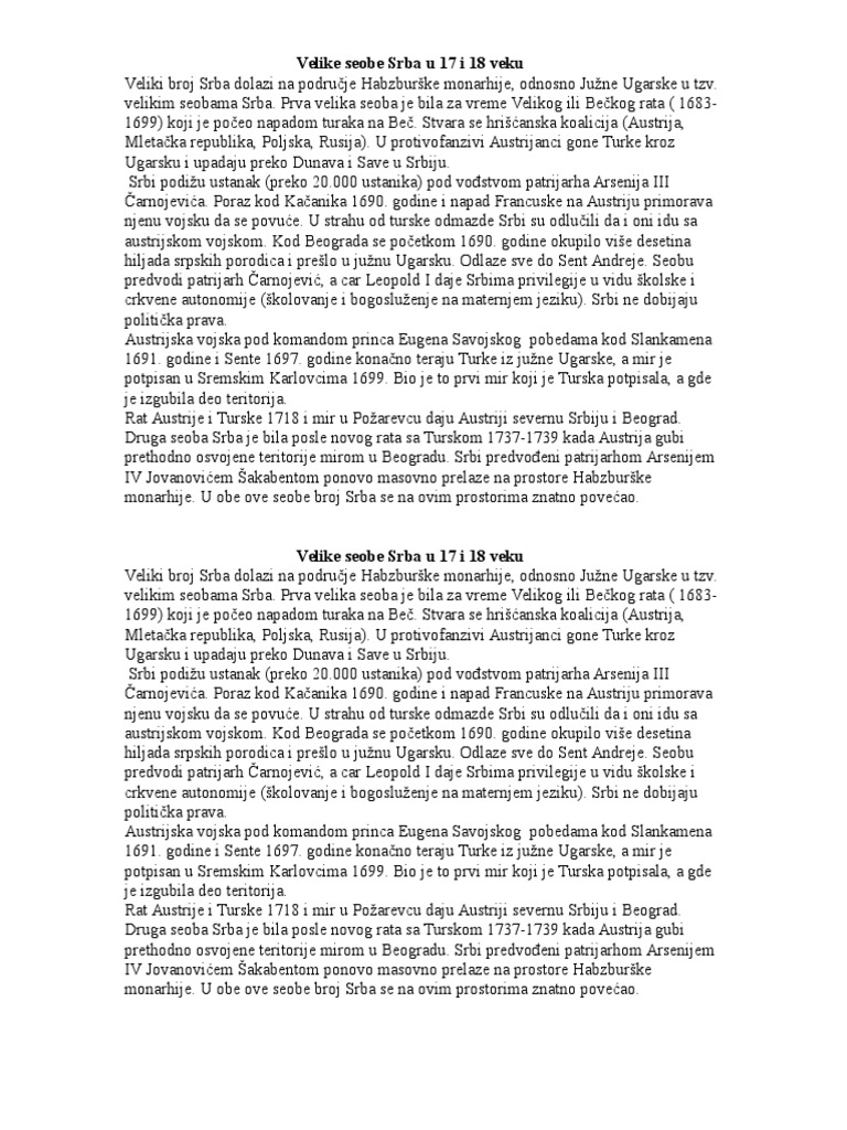 Velike Seobe Srba U 17 I 18 Veku | PDF