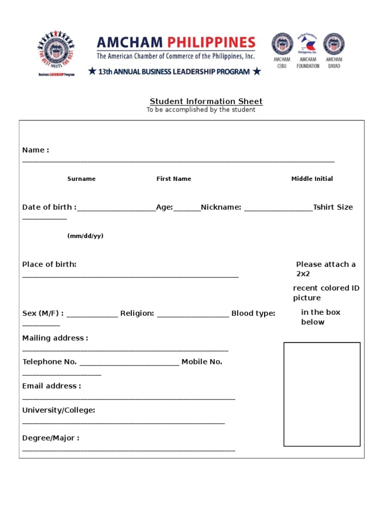 BLP 2015 Student Info Sheet Application Form | PDF