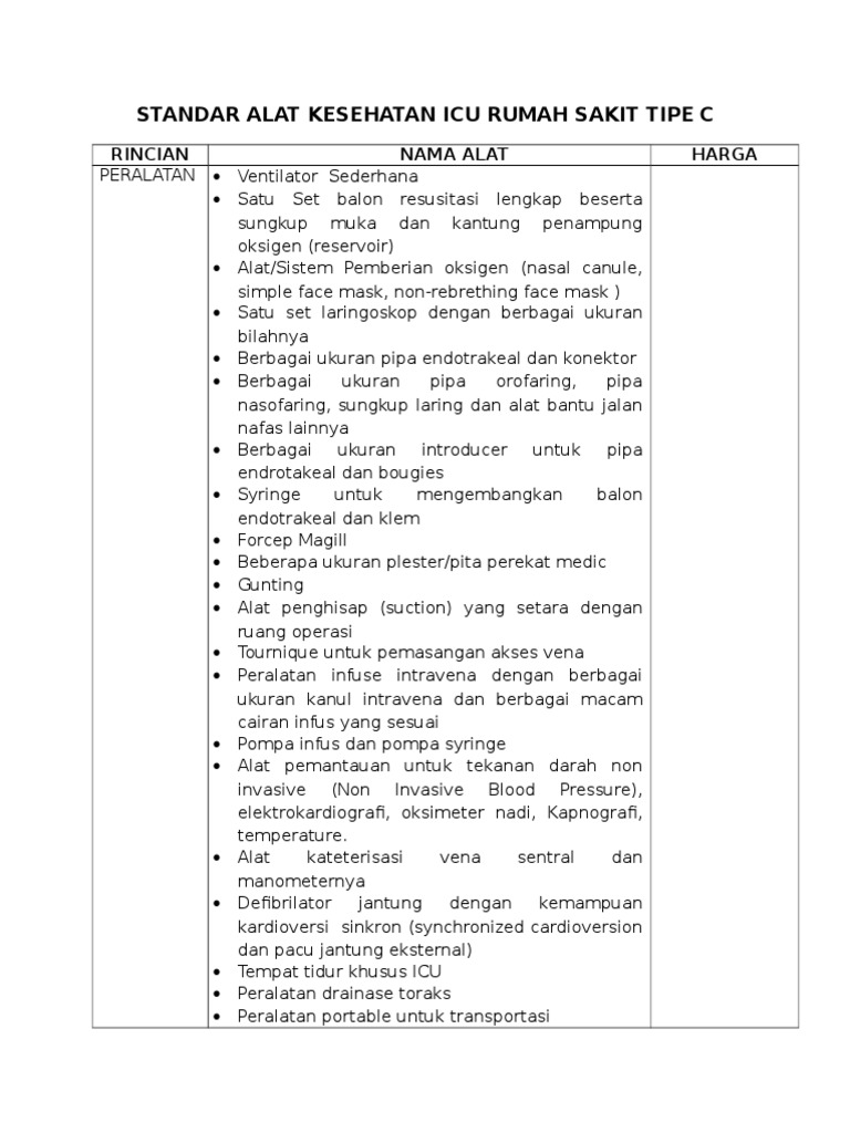 Standar Alat ICU Rumah Sakit Tipe C | PDF
