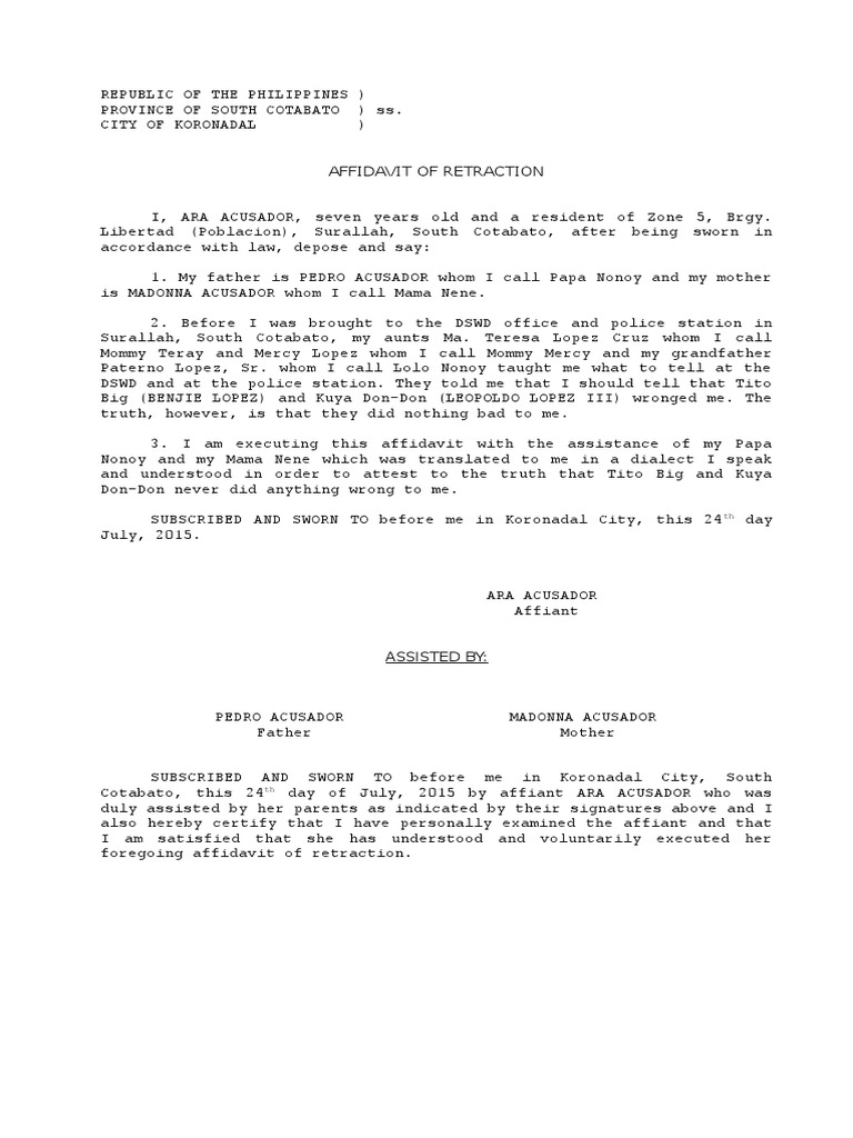 Affidavit of Retraction Sample
