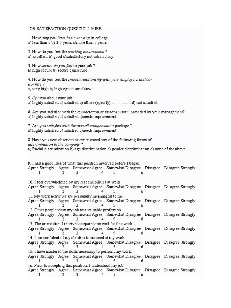 Job Satisfaction Questionnaire | PDF | Job Satisfaction | Employment