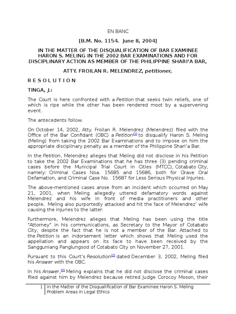 in The Matter of The Disqualification of Bar Examinee Haron S. Meling ...