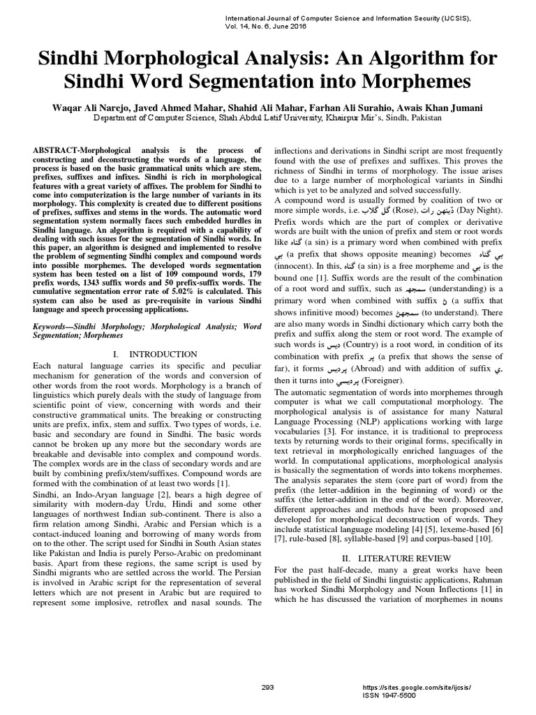 Sindhi Morphological Analysis: An Algorithm For Sindhi Word Segmentation Into Morphemes | PDF ...
