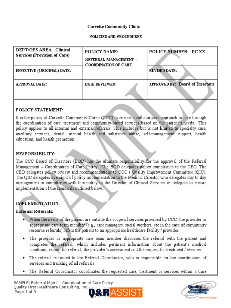 SAMPLE Referral Management Policy | PDF | Patient | Electronic Health ...