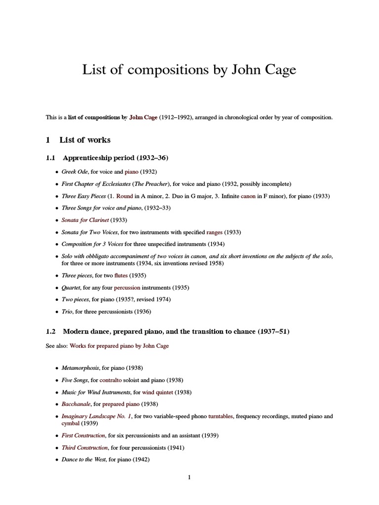 John Cage: Complete Works List | PDF | Musical Instruments | Classical ...
