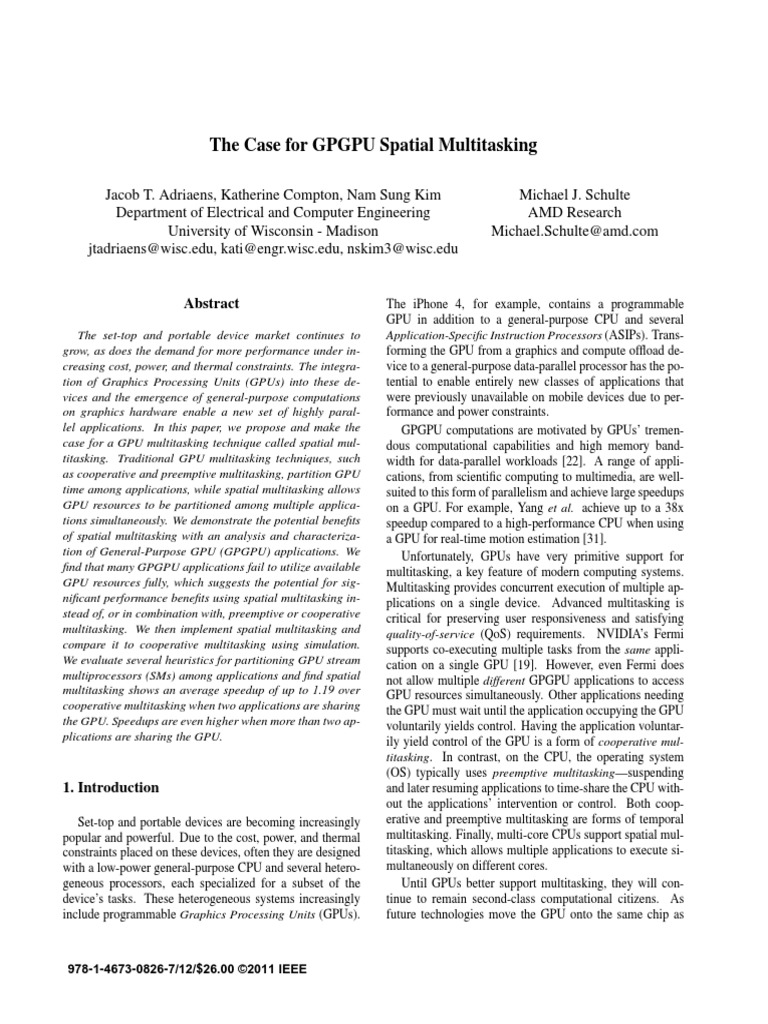 The Case For GPGPU Spatial Multitasking: 978-1-4673-0826-7/12/$26.00 ©2011 IEEE | PDF | Thread ...