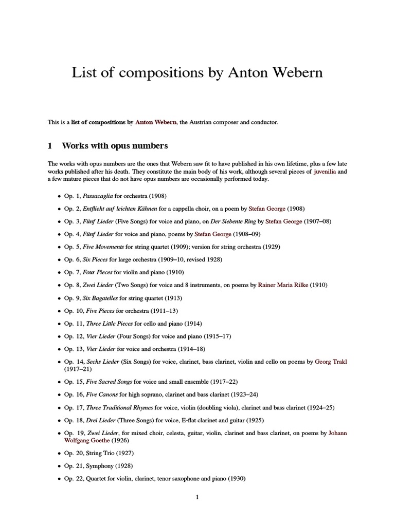 List of Compositions by Anton Webern - Wiki | PDF | Quartet | Opus Number