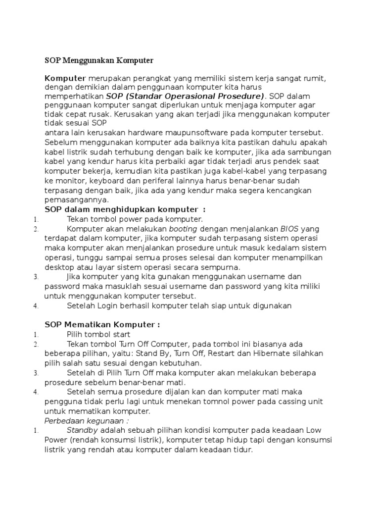 SOP Penggunaan dan Pemadaman Komputer | PDF