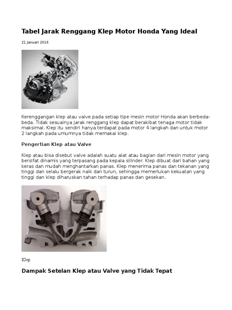 Tabel Jarak Renggang Klep Motor Honda Yang Ideal | PDF