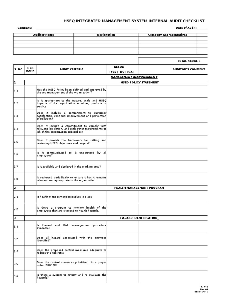 f445 Hseq Ims Internal Audit Checklist | PDF | Internal Audit | Audit