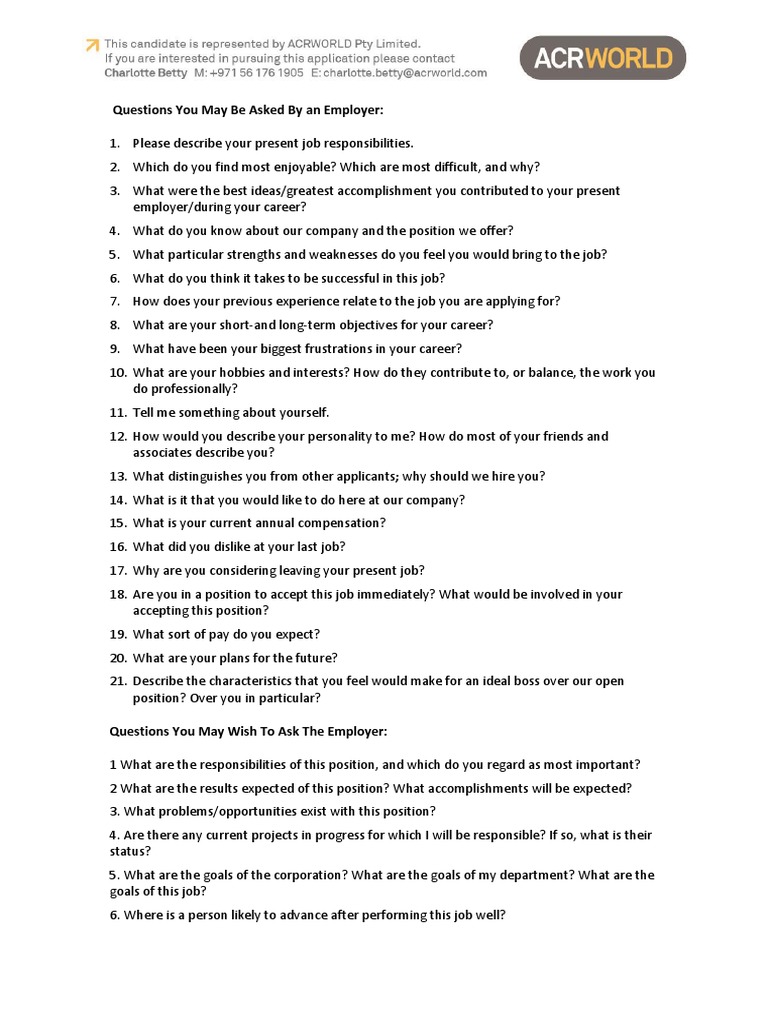 Questions You May Be Asked by An Employer | PDF