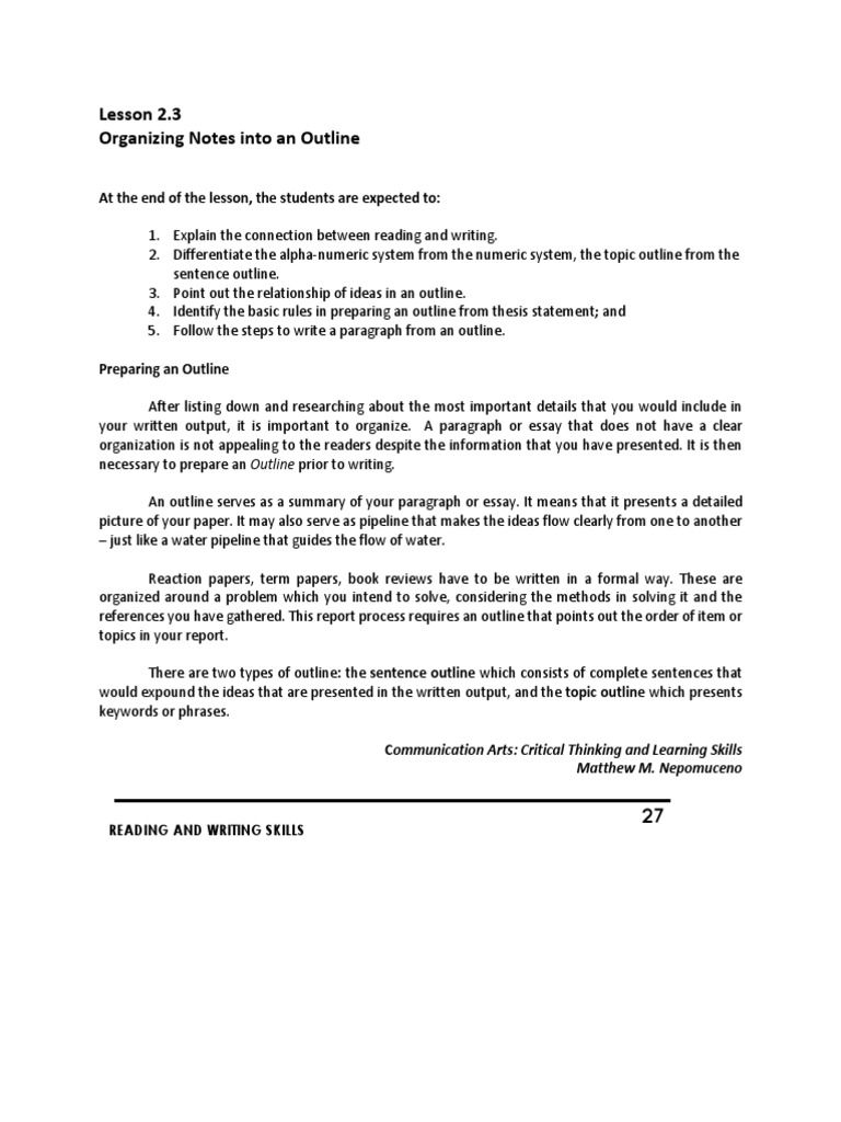 Organizing (Outline) Handout | PDF | Cognition | Writing