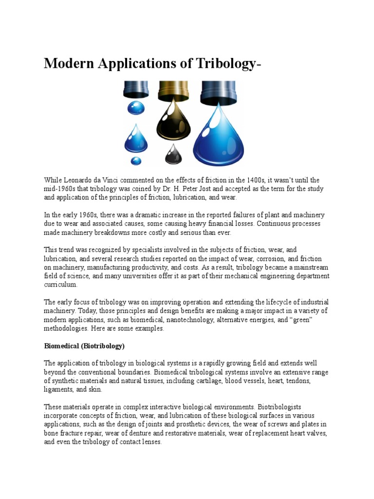 Modern Applications of Tribology | PDF | Wear | Science And Technology