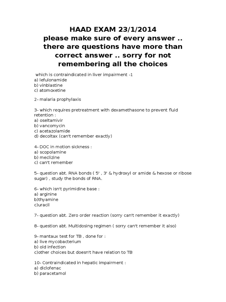 HAAD Exam Review Notes and Practice Questions on Pharmacology and ...