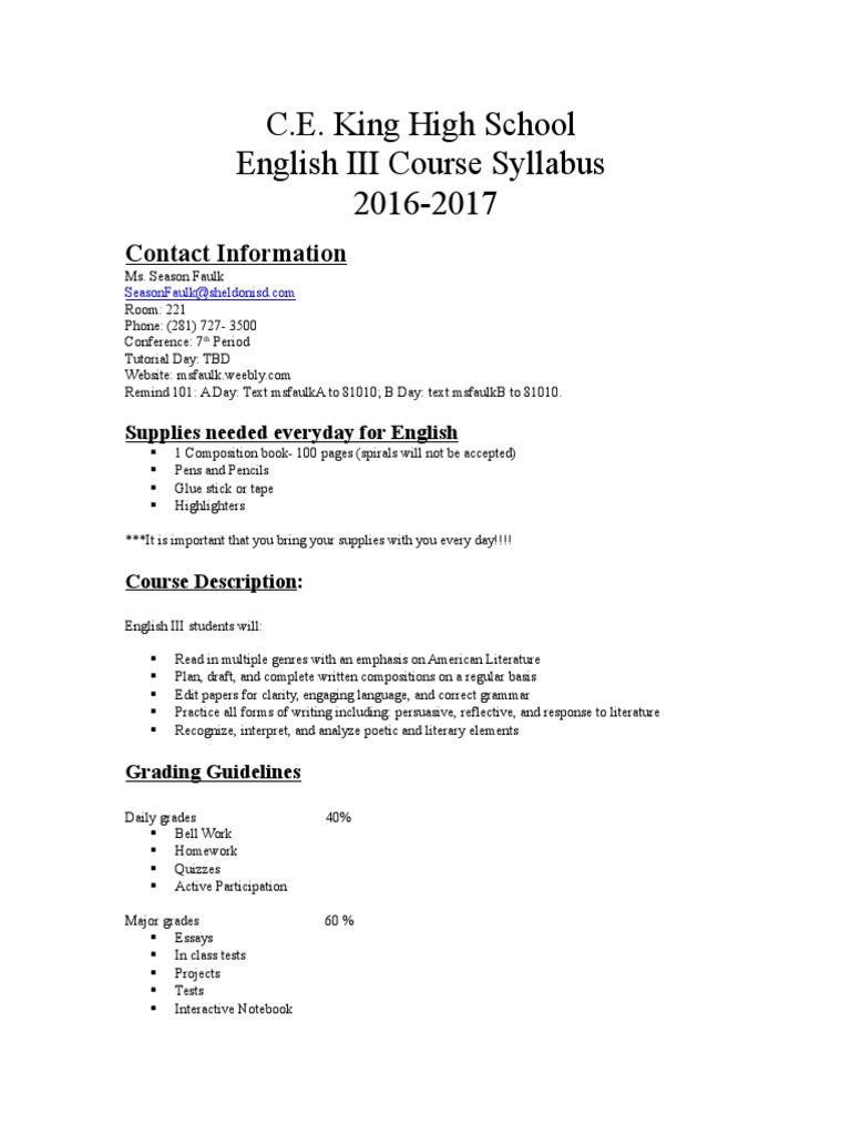 English III Syllabus 16-17 | Download Free PDF | Learning | Communication