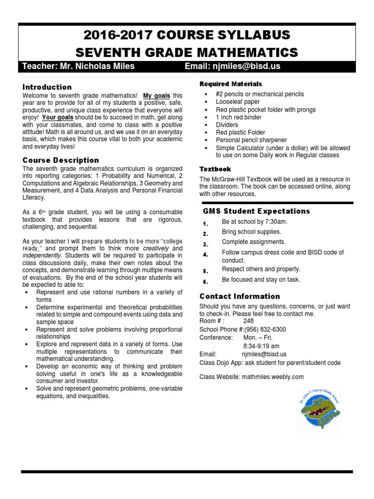 2016-2017 Syllabus 7th Grade | PDF | Homework | Teaching Mathematics