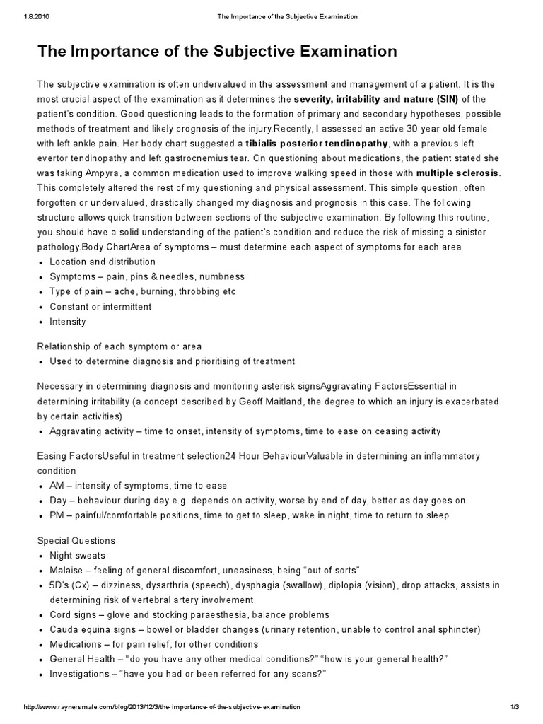 Importance Subjective Exam | PDF | Pain | Medical Diagnosis