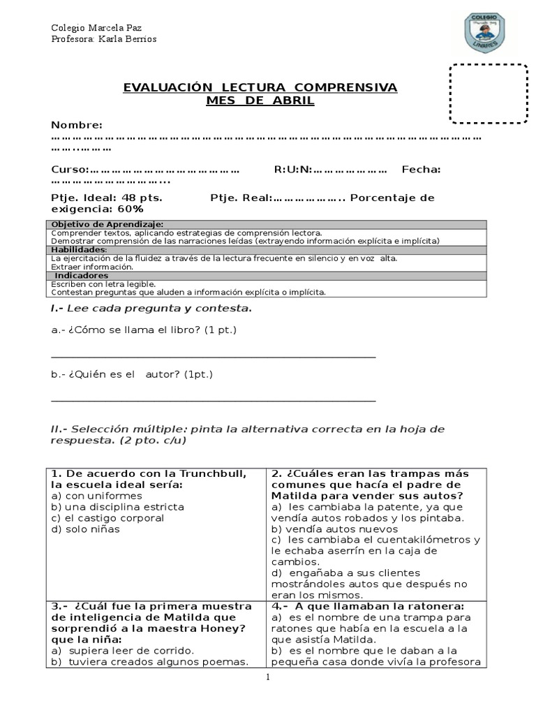 Evaluacion Matilda 5 | PDF | Lectura (proceso)