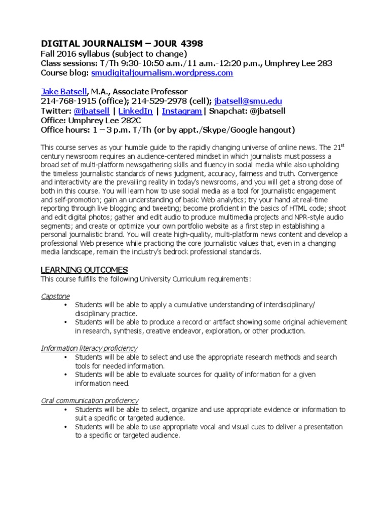 Digital Journalism Syllabus, Fall 2016 | PDF | Journalism | Social Media