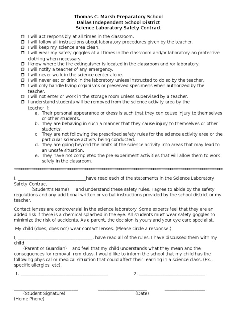 Science Safety Contract | PDF | Wellness