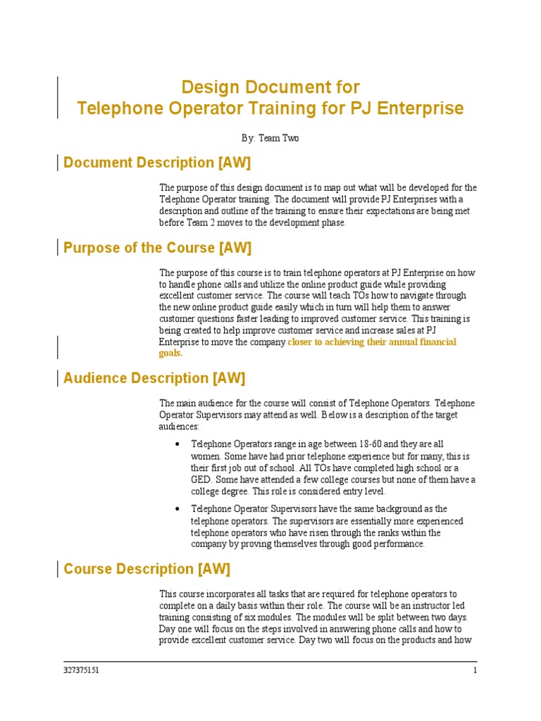 Design Document For Telephone Operator Training For PJ Enterprise | PDF ...