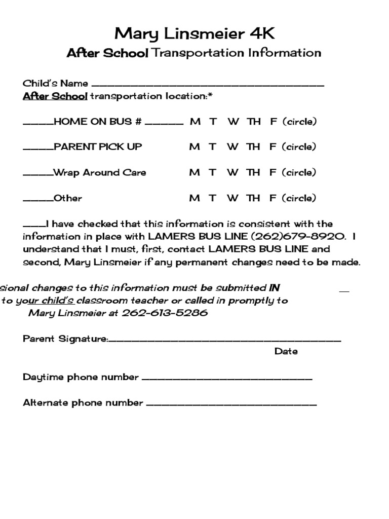 Mary Linsmeier 4K: After School Transportation Information | PDF