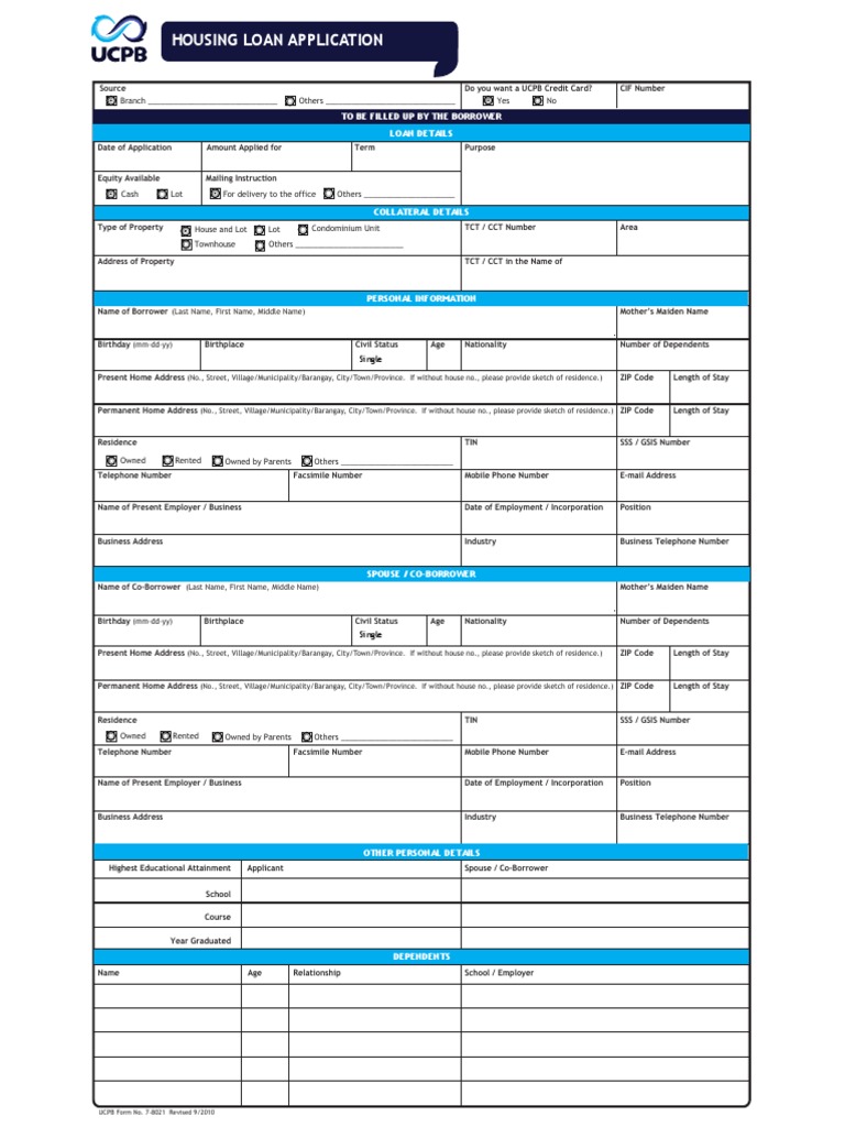 UCPB Home Loan Application Form Editable | PDF | Banks | Loans